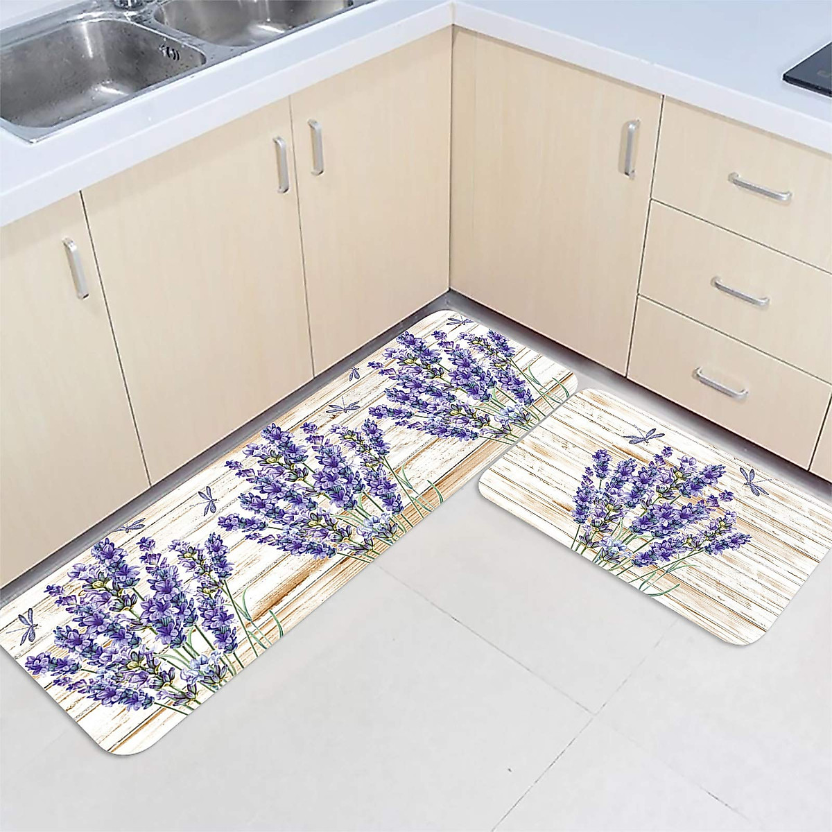 Purple Floral Kitchen Mats Cushioned Anti Fatigue 2 Piece Set Non Skid Waterproof Kitchen Floor Mats, Standing Kitchen Mat Lavender Lilac Flowers on Wooden Plank