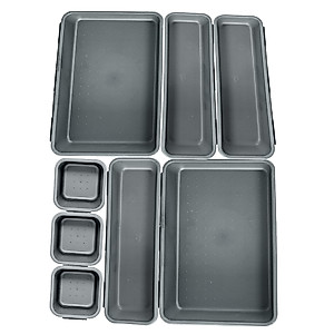 HOME-X Connecting Organizer Trays, Set of Interlocking Adjustable Trays for Organizing Office Supplies and Kitchen Utensil Drawers, Set of 8, 3 Sizes, Gray