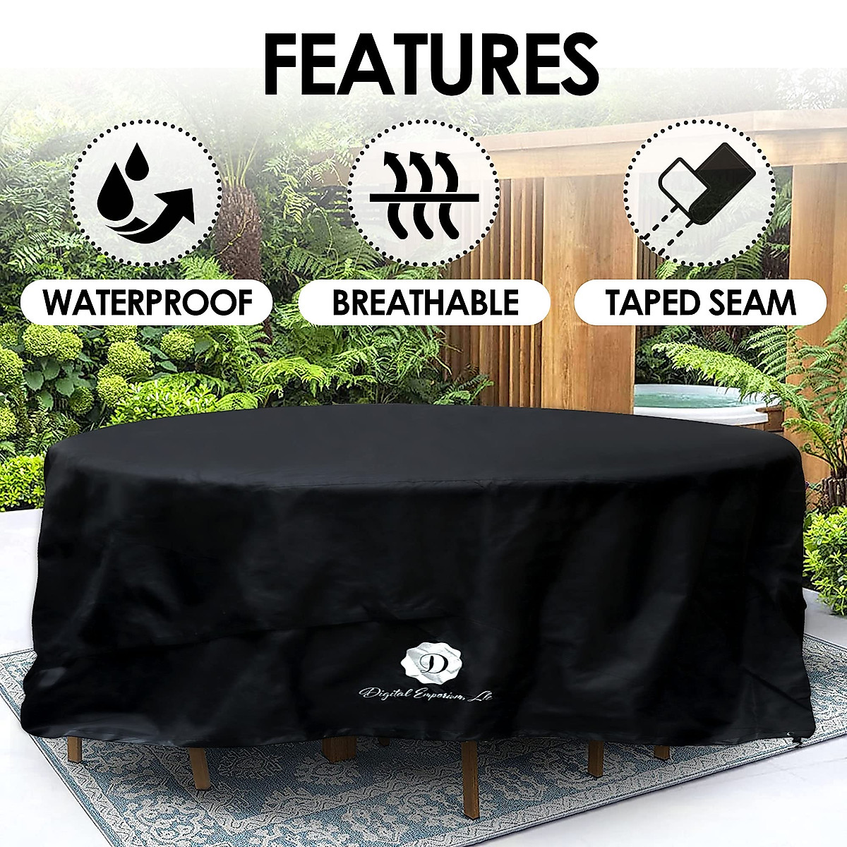 Round Patio Table Cover for Outdoor Furniture 100% Waterproof UV Resistant 92 L DIA x 28 H Black