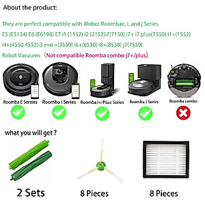 JoyBros Replacement Parts Accessories for iRobot Roomba evo Combo e5 e6 i1 i2 i3 i4 i5 i6 i7 i8 j5 j7 j8 Plus,2 Set Rubber Brushes 8 Filters/HEPA 8 Side Brushes