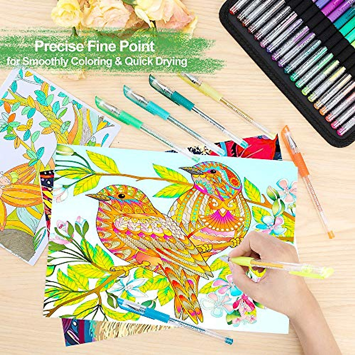 Glitter Gel Pens, Glitter Pen with Case for Adults Coloring Books, 160 Pack Artist Colored Gel Markers with 40% More Ink for Drawing Scraobooking Writing Doodling