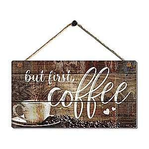 But First Coffee Signs Vintage Kitchen Coffee Decor Office Coffee Maker Signs Wood Wall Hanging Art Plaque by 6x11.5''