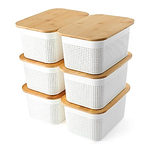AREYZIN Plastic Storage Bins with Bamboo lids and Stackable Storage Baskets for Shelves - Organize Your Home or Office with These Space-Saving Storage Solution,6 Pack,White