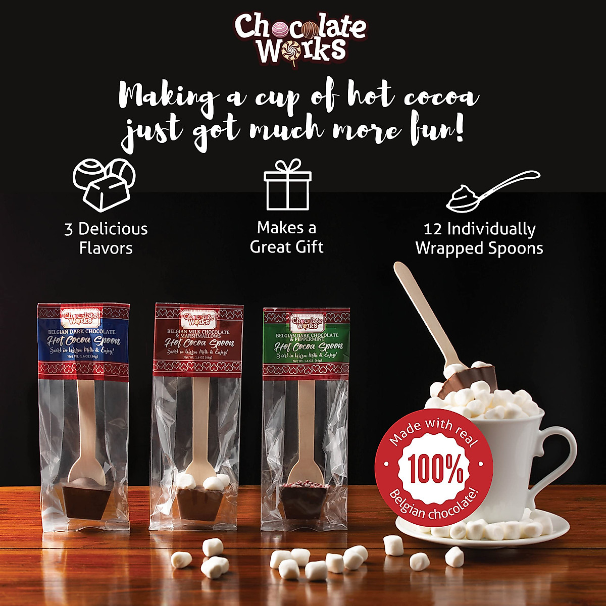 Hot Chocolate Spoons by Chocolate Works, Flavor Variety Pack - Belgian Dark Chocolate, Milk Chocolate & Marshmallows, Peppermint, Cocoa Bomb for Hot Chocolate