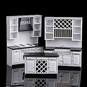 1:12 Scale Mini House Wooden Furniture Miniature Kitchen Cabinet Mini Bar Counter Furniture Set (White and Black)