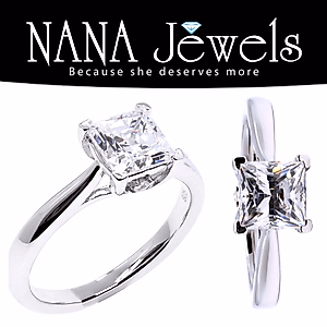 NANA Jewels-Silver 8.00mm (3.00ct) Princess Cut Zirconia Lucita Solitaire Ring-Platinum Plated-Size 8.5