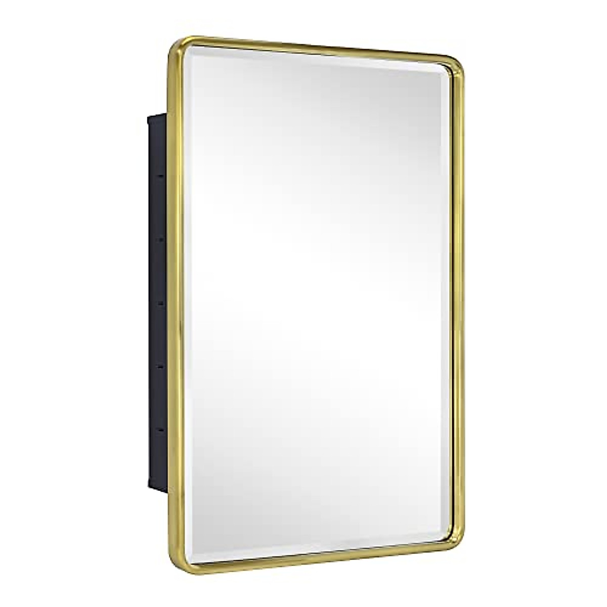 TEHOME Farmhouse Brushed Gold Metal Framed Recessed Bathroom Medicine Cabinet with Mirror Rounded Rectangle Tilting Beveled Vanity Mirros for Wall 16x24''