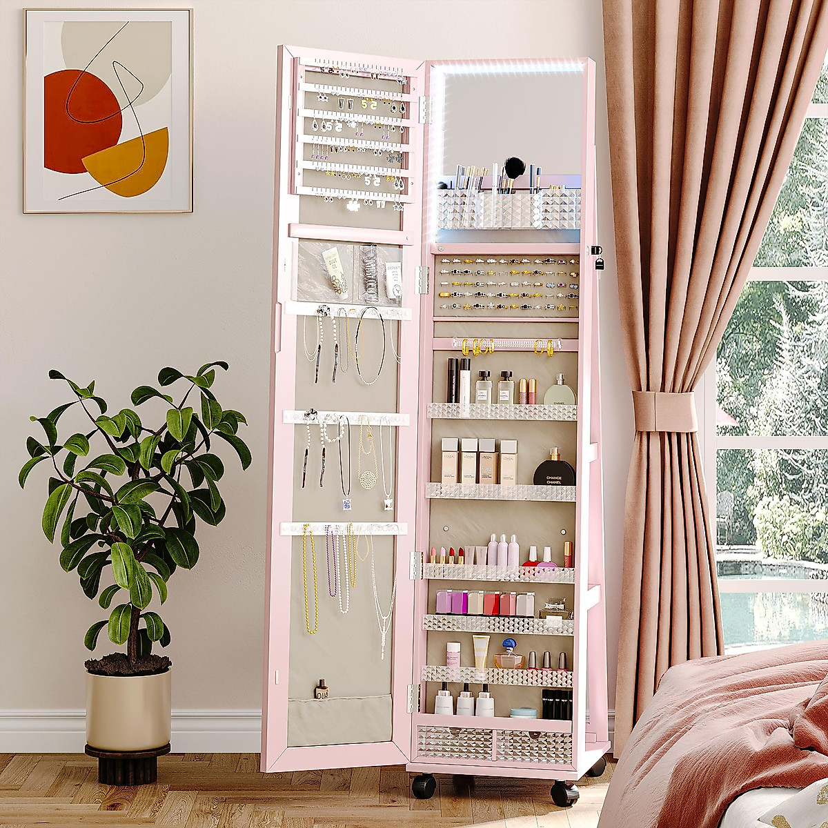 YITAHOME Mirror Jewelry Cabinet with Lights Standing Jewelry Armoire Storage Rotatable Full Length Mirror Jewelry Organizer Lockable Jewelry Armoire with Wheels for Bedroom, Cloakroom, Pink