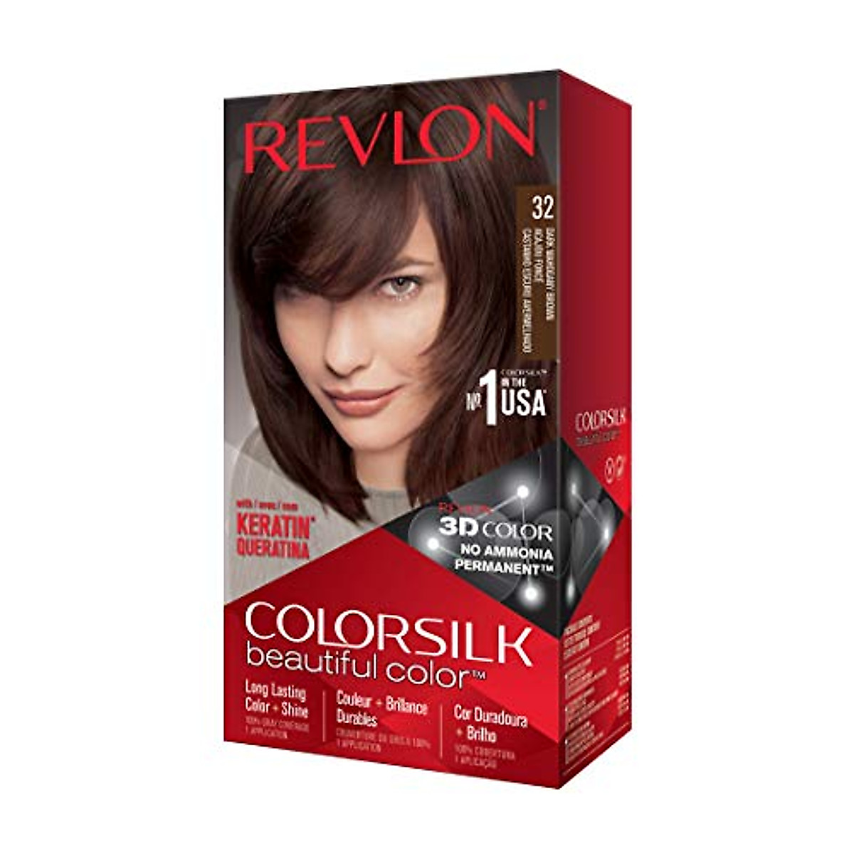 Revlon Colorsilk Beautiful Color, Permanent Hair Dye with Keratin, 100% Gray Coverage, Ammonia Free, 32 Dark Mahogany Brown