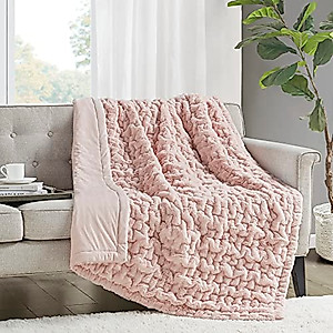 Madison Park Ruched Luxury Throw Premium Soft Cozy Brushed Long Faux Fur For Bed, Couch or Sofa, 50"x60", Blush