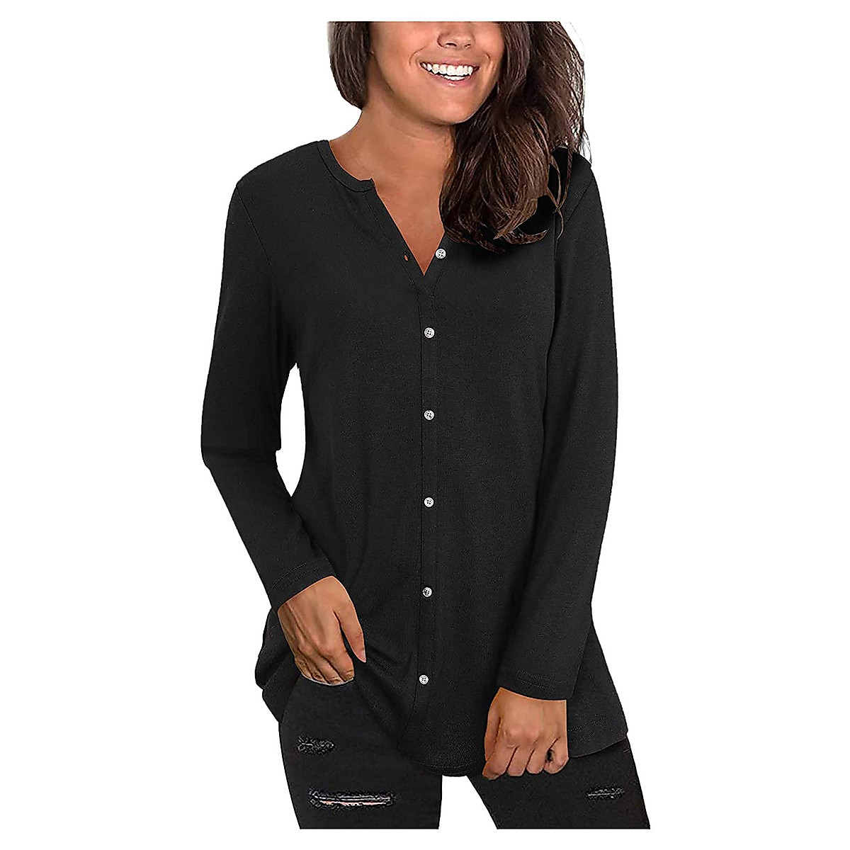 Aniywn Women's Button Down Henley Shirt Casual Solid Color Long Sleeve t Shirt Ladies Plain Tops Blouse for Work Office Black