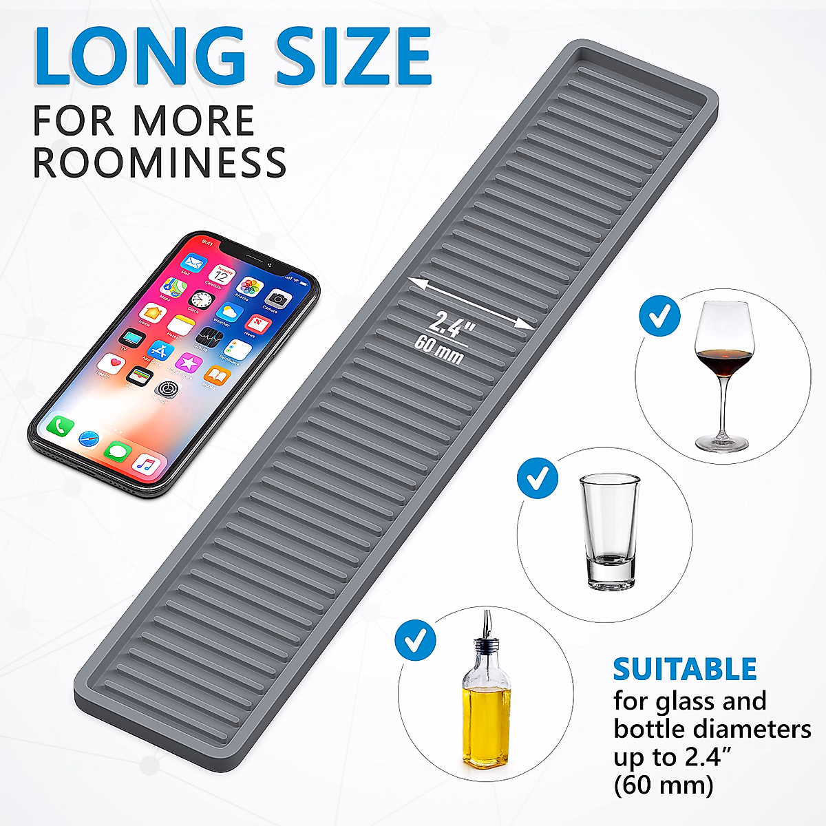 ZAPPOWARE Kitchen Sink Narrow Silicone Holder Tray 18"x3.1", Vanity & Bathroom Organizer, Bar Coffee Service Mat, Gray