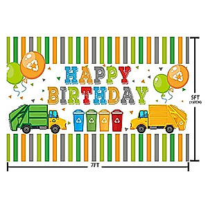 ABLIN 7x5ft Garbage Truck Boys Happy Birthday Backdrop Waste Management Colorful Stripe Green Yellow Rubbish Truck Trash Can Background Party Decorations Cake Table Banner Props, Clear