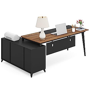 Tribesigns 70.8" Executive Desk with 43" Drawers File Cabinet, Large L-Shaped Computer Office Desk with Printer Stand, Business Furniture Workstation for Home Office