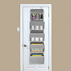 2 Pack Behind The Door Storage Organizer with 5-Shelf, Wall Mount Clear Windows, & 4 Metal Hooks for Pantry, Nursery, Bedroom, Bathroom, Kitchen, Closet, Dorm (Grey), 49.2'' (H)x12.2'' (W)x5.5'' (D)