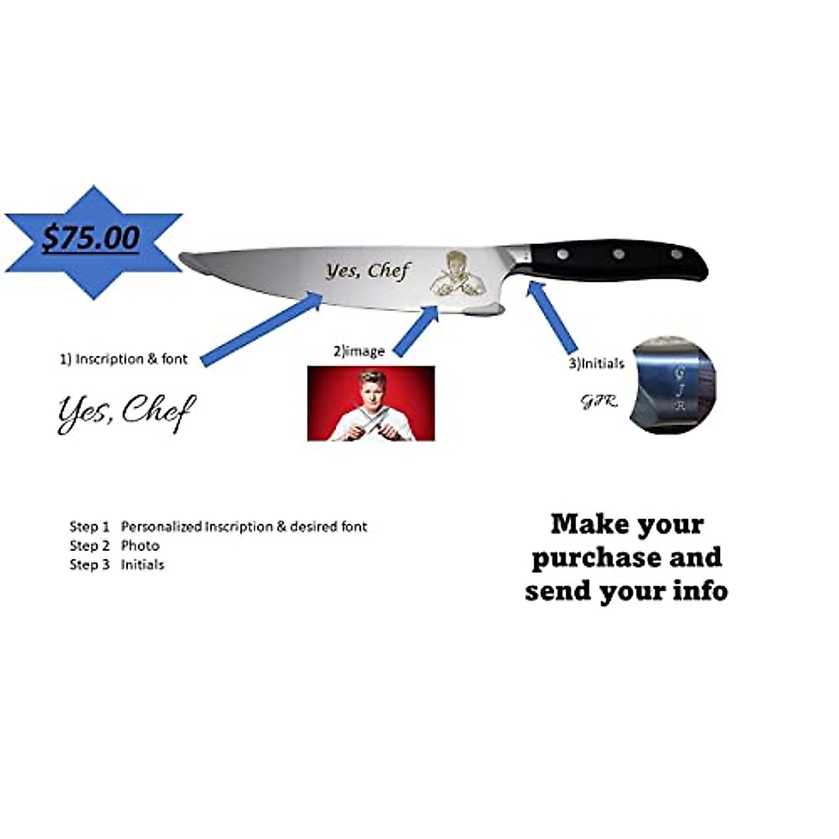 Custom Photo Engraved 8" Chef Knife, Personalized chef knife, Custom 8 inch chef knife, Damascus Steel, Custom chef knife, chef gift, Chef knife with logo (Custom Photo Engraved 8" Chef Knife)