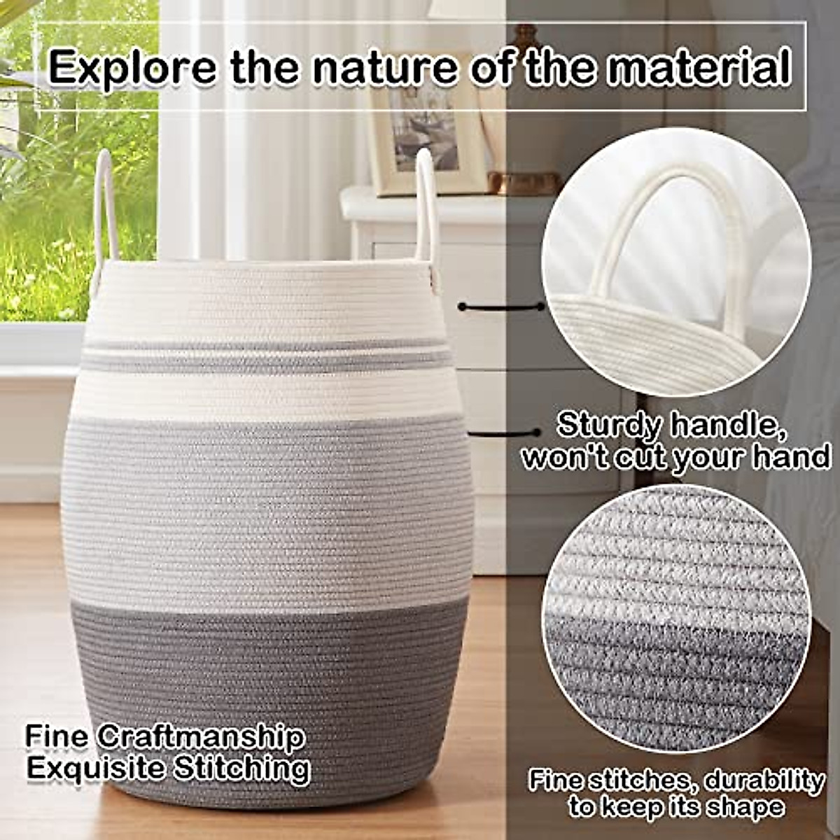 OIAHOMY Laundry Hamper Woven Rope Large Clothes Hamper 25.6" Height Tall Laundry Basket with Extended Handles for Storage Clothes Toys in Bedroom, Bathroom, Foldable (Dark Grey)