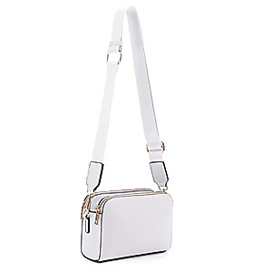 EVVE Crossbody Bags for Women Trendy Triple Zip Small Crossbody Camera Bag Purse with Wide Guitar Strap | White