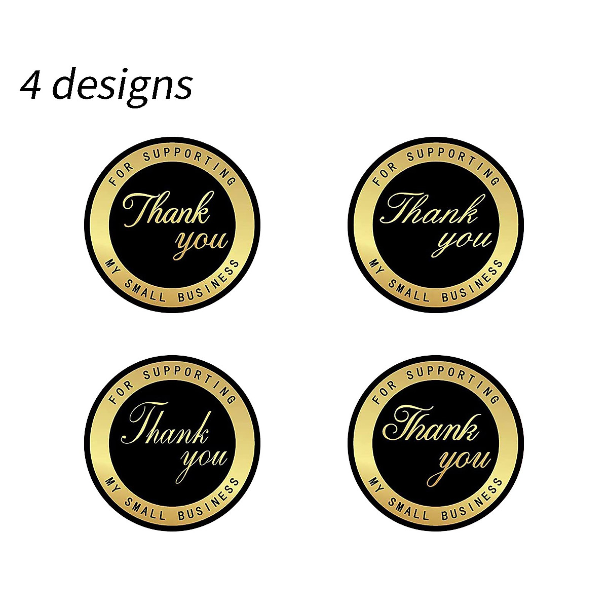Mercei Thank You Stickers with Black Background and Wide Matte Gold-foil Ring; 4 Elegant Handwriting Font Designs; 500 pcs Classic Round Adhesive Labels per Roll; Wide for Personal and Business Use