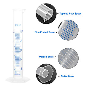uxcell Plastic Graduated Cylinder, 25ml Measuring Cylinder, Science Test Tube Beakers, 2-Sided Metric Marking, Clear Hex Base for Lab Home 4Pcs