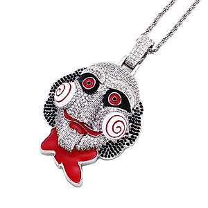 KMASAL Hip Hop Iced Out Bling Chain Clown 69 Pendant Halloween Cosplay Horrifying Inspired Necklace with 24" Rope Chain (Silver)