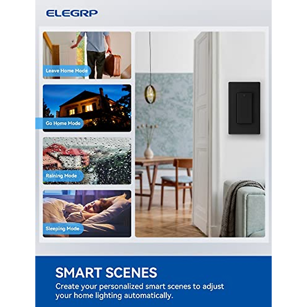 ELEGRP Smart Light Switch, 2.4GHz Wi-Fi Single Pole Light Switch Compatible with Alexa and Google Assistant, Neutral Wire Required, APP Remote Control and Timer Schedule, UL Certified (Black, 1 Pack)
