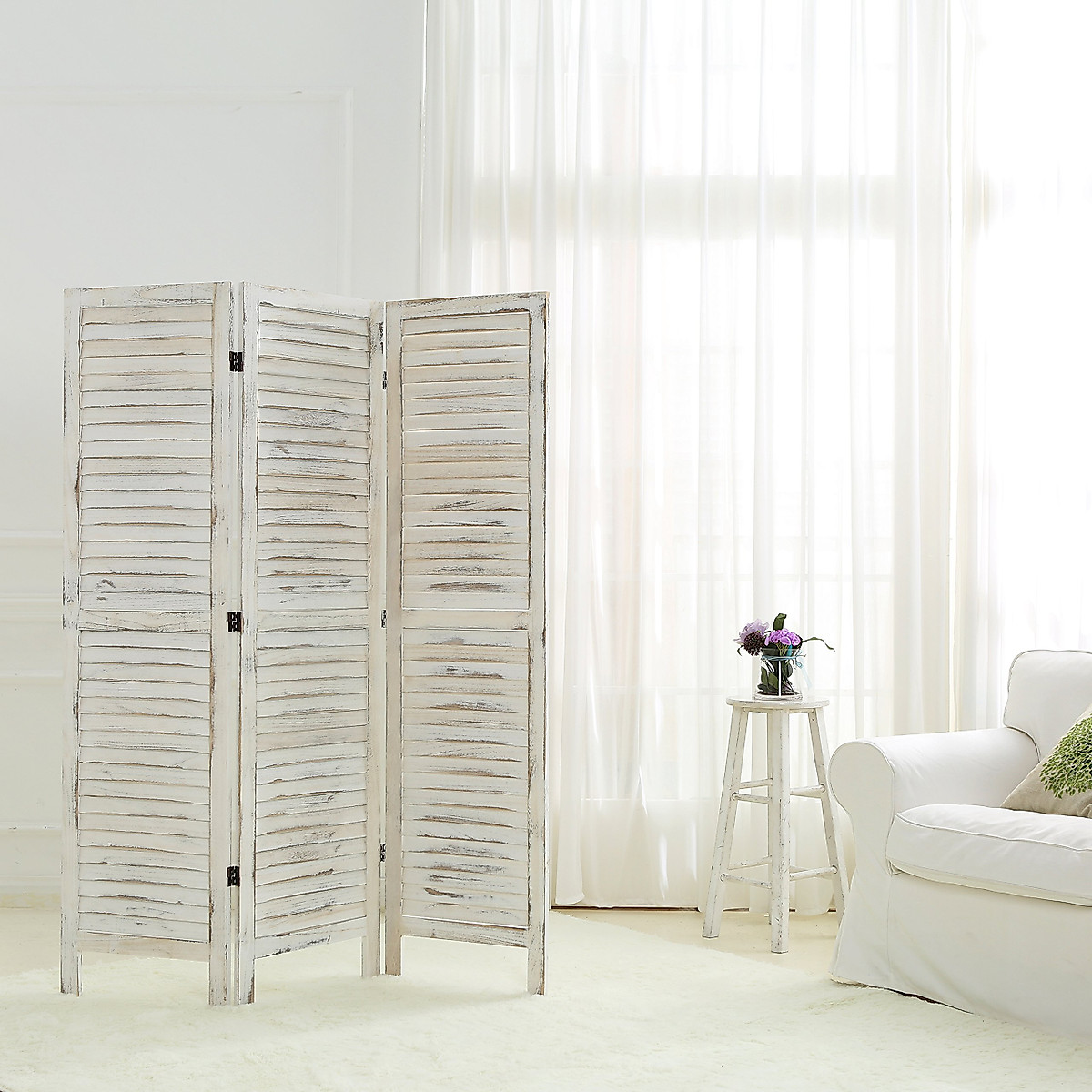 MyGift Whitewashed Wood 3 Panel Screen, Folding Louvered Room Divider