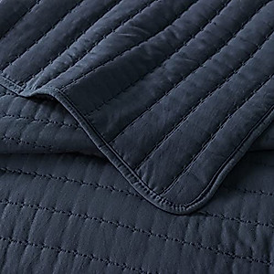 Navy Blue Queen Size Quilt Bedding Sets with Pillow Shams, Mustard Full Lightweight Soft Bedspread Coverlet, Quilted Blanket Thin Comforter Bed Cover for All Season, 3 Pieces, 90x90 inches