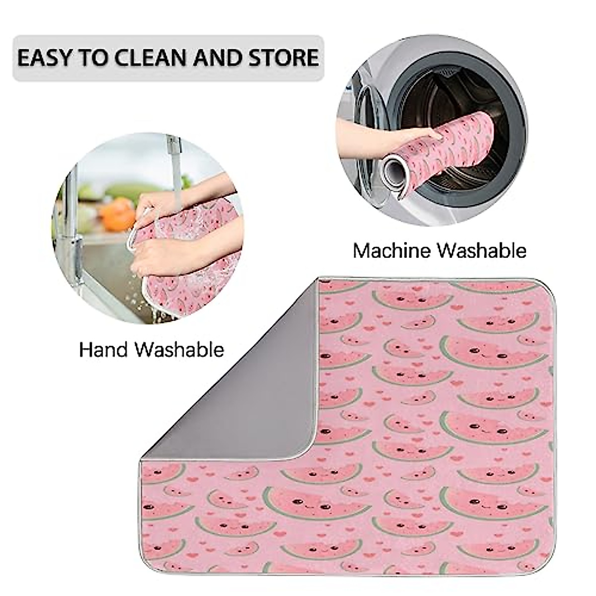Cute Watermelon Pink Dish Drying Mat for Kitchen Counter, Absorbent Reversible Microfiber Dishes Pad Reusable Washable Dish Drainer Rack Mats, 18 Inch x 24 Inch