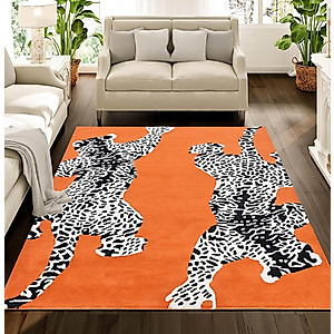 Restoration and Renovation Climbing Jaguar Modern Handmade Wool Rug for Living Room, Bedroom and Dining Room (Orange, 5' x 7')