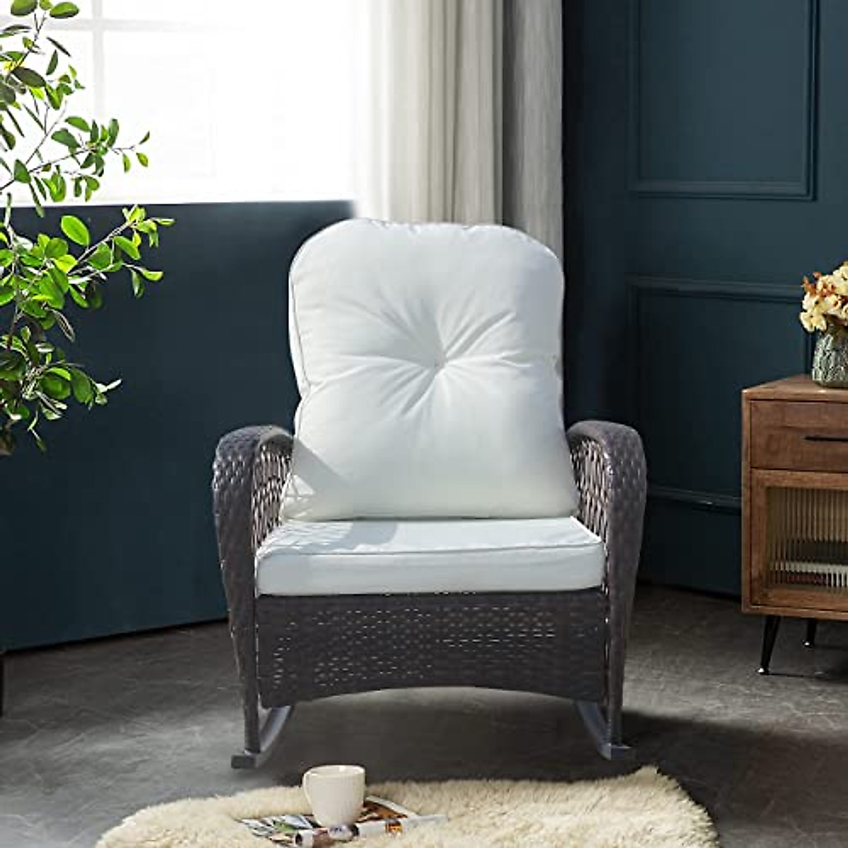 LoochMee PE White Rattan Rocker Chair,Garden Patio Wicker Rocking Chair/Furniture Sets with White Cushion,Modern Style for Outdoor&Indoor,Comfy Rocking Motion (White)