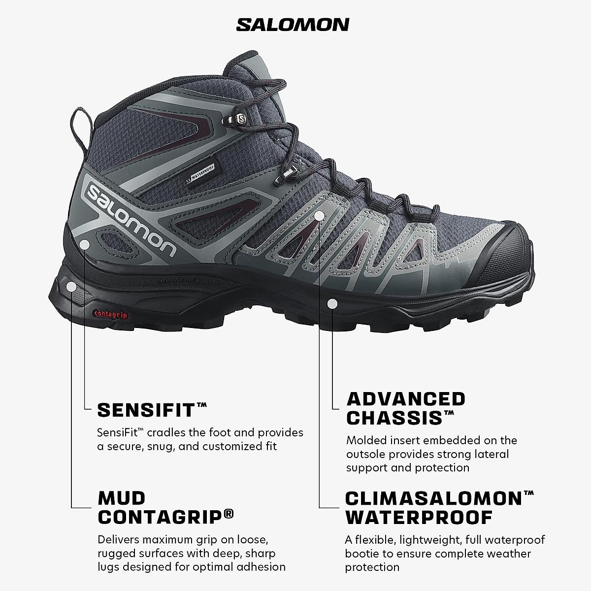 Salomon Women's X ULTRA PIONEER MID CLIMASALOMON™ WATERPROOF Hiking Boots for Women, Ebony / Stormy Weather / Wine Tasting, 5