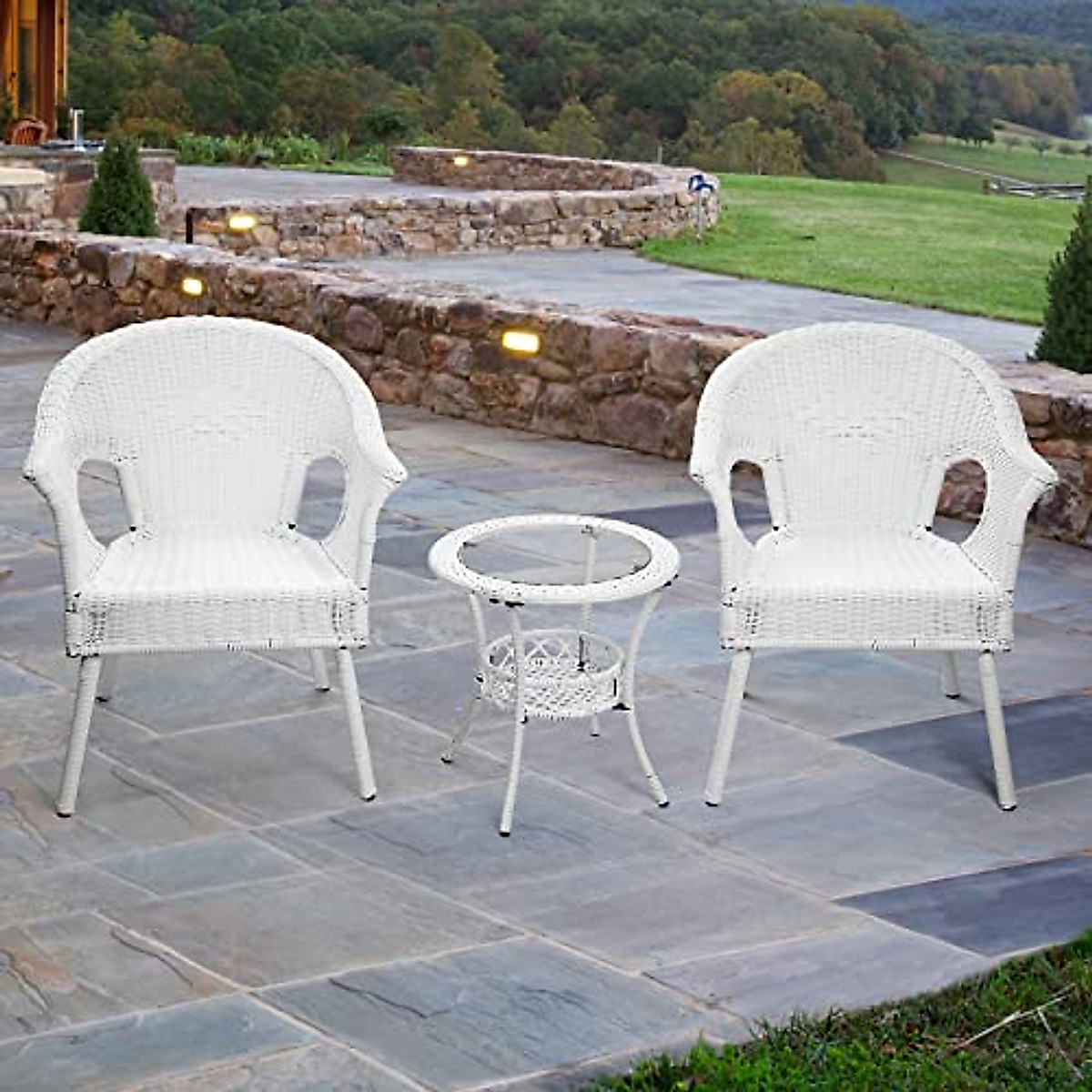 MeetLeisure Bistro Set 3 Pieces Outdoor Patio Furniture Set, Wicker Chairs Set of 2 with Outdoor Side Table, Outdoor Chairs for Patio Lawn Porch, White