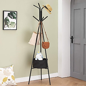 VECELO Coat Rack Freestanding,Hall Trees with Storage Basket,Entryway Clothes Stand with Shelf for Hat,Bags,Scarf Trees with 6 Hooks,Rustic Brown and Black