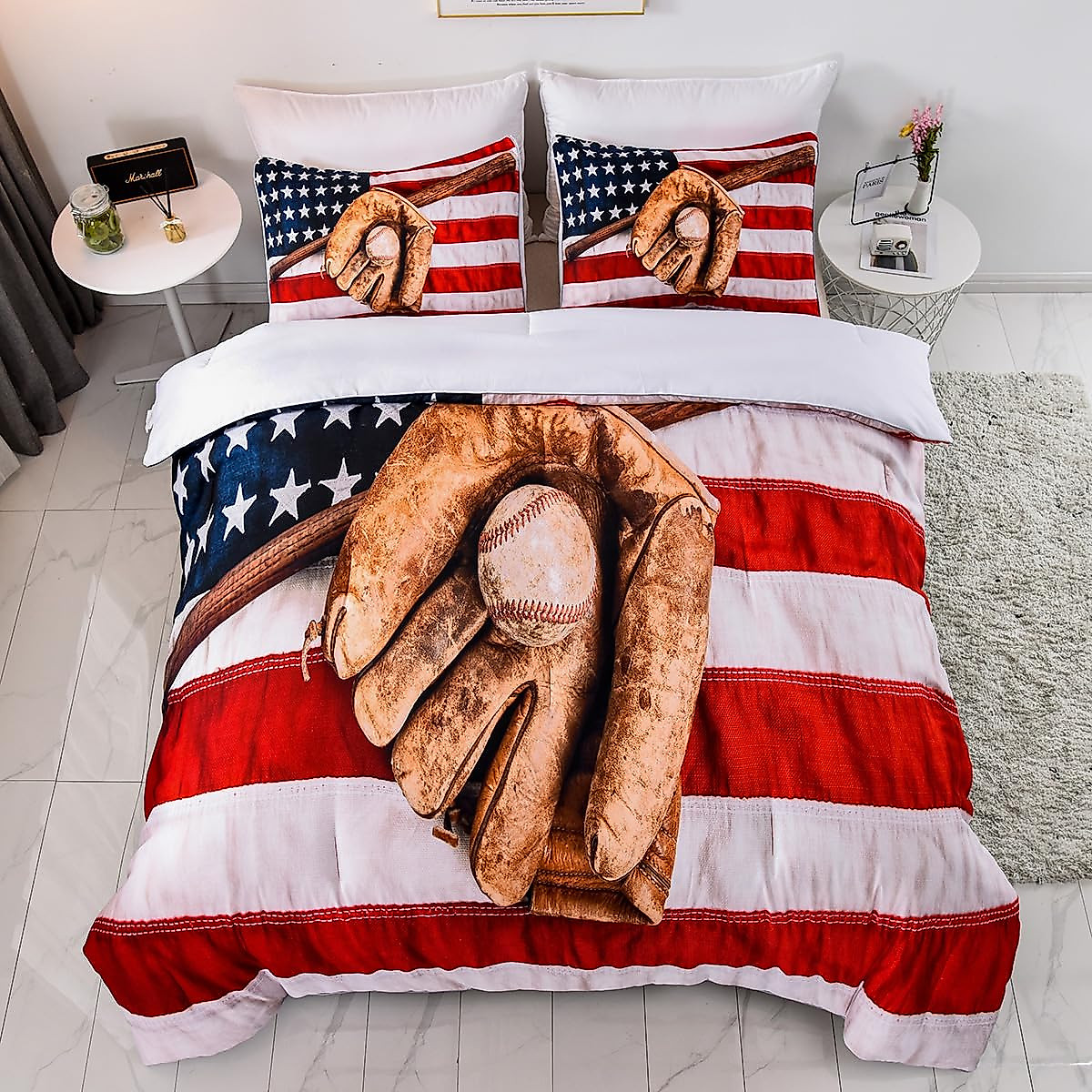 SHINICHISTAR American Flag Baseball Comforter Set Twin Size for Teen Boys Gift Sport Bedding