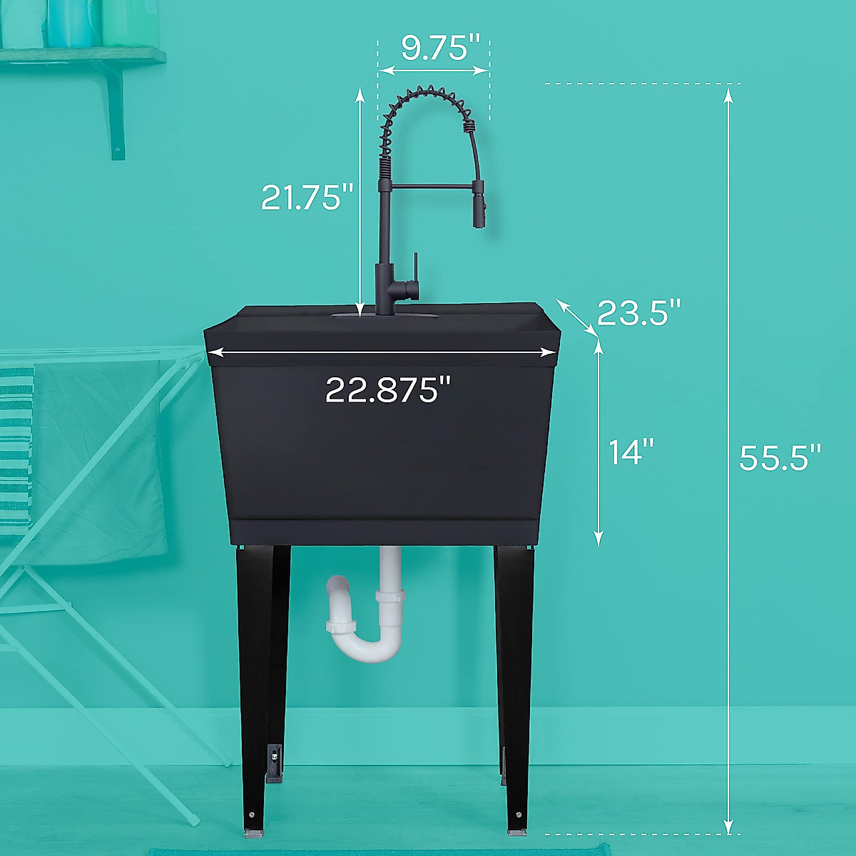 Utility Sink Extra-Deep Laundry Tub in Black with High-Arc Coil Pull-Down Sprayer Faucet in Matte Black, Integrated Supply Lines, P-Trap Kit, Heavy Duty Floor Mounted Freestanding Wash Station