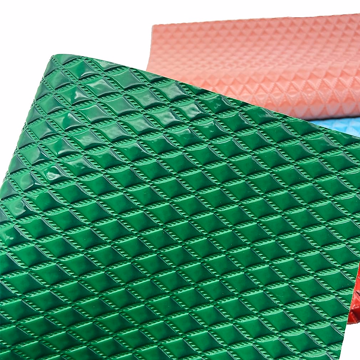 Glossy Geometry Vinyl Faux Leather Sheets, 12 x 54 inch Embossed Diamond Plaid Synthetic PU Fabric for DIY Handicrafts Keychains Pouches Making-Dark Red