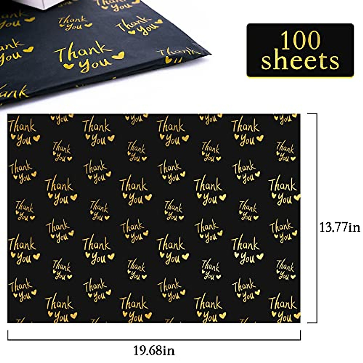 MR FIVE 100 Sheets Black with Gold Thank You Tissue Paper Bulk,20" x 14",Black Thank You Tissue Paper for Packaging,Gift Bags,Gold Tissue Paper for Weddings,Graduation,Birthday,Thanksgiving