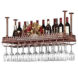 Stylish Simplicity Wine Racks Adjustable Height Ceiling Mounted Hanging Wine Bottle Holder Metal Iron Wine Glass Rack Goblet Stemware Racks Vintage Style Decoration Storage Shelf, PIBM, Bronze, 80