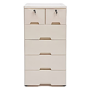 WOQLIBE Dresser Drawer Organizers,Plastic Dresser with 6 Drawers, Tall Lockable Storage Cabinet with Wheel, Dresser Drawer Organizers for Clothing/Bedroom/Playing Room,19.7x13.8x40 in(Beige)