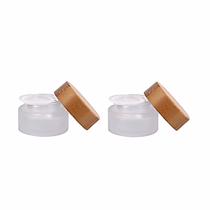 2 Pack 15ml 0.5oz Empty Refillable Round Frosted Glass Cream Jar Cosmetic Storage Container Pot Sample Jars Bottle with Natural Bamboo Lid and Inner Liners for Cream Lotion Lip Balm