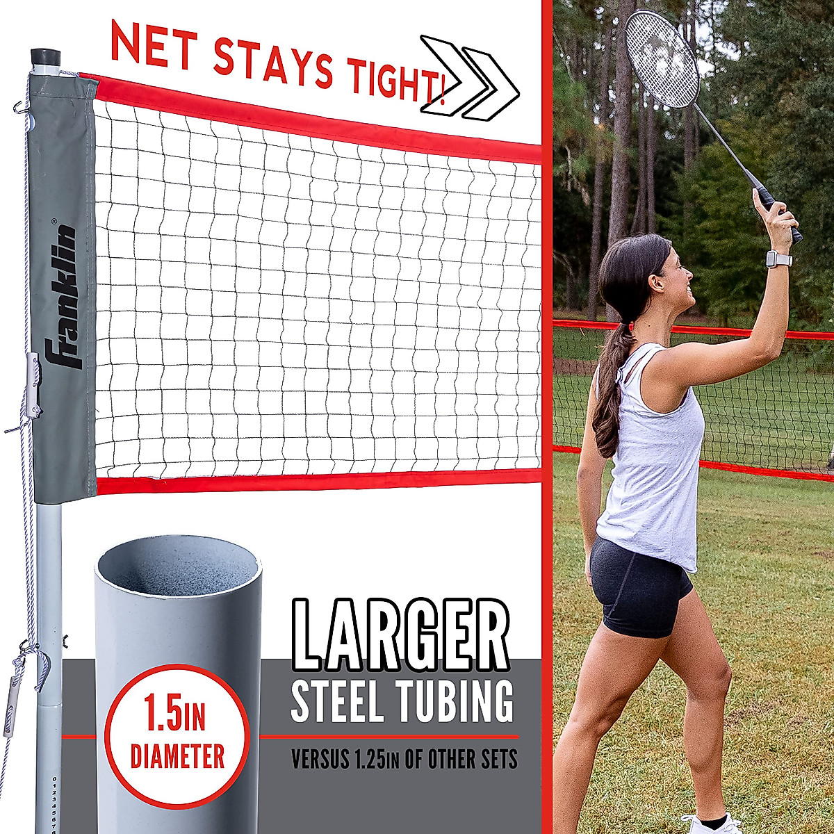 Franklin Sports Elite Badminton Net Set - Includes Badminton Rackets, Poles/Net, Stakes, Ropes, Boundary Kit - Beach or Backyard Volleyball Badminton- Easy Setup,Black