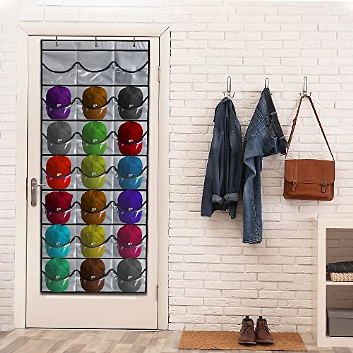 kingdalux Baseball Hat Rack 24 Pocket for Wall or Over The Door Cap Organizer with Clear Deep Pockets, for Hat Storage & Ballcap Caps Display Holder, Complete with Over Door Hooks