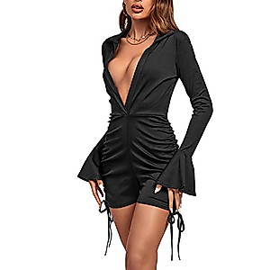 LYANER Women's Collar Low Cut Ruched Drawstring Sides Bell Long Sleeve Romper Short Jumpsuit Black# Large