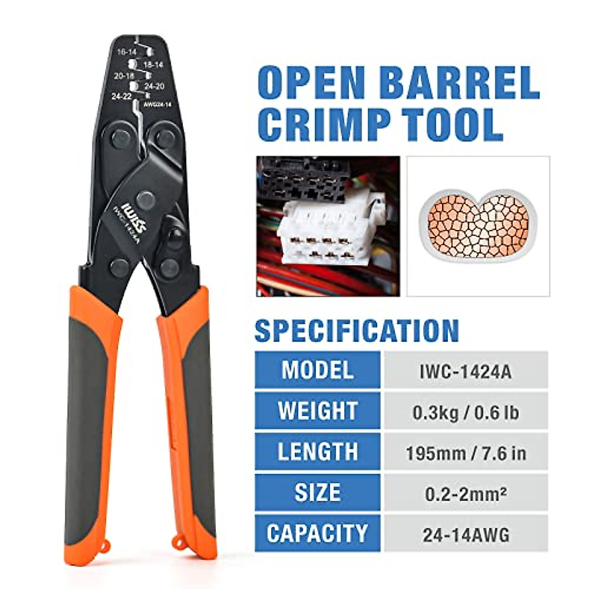 iCrimp IWC-1424A Crimping Tools for Deutsch DT Series Stamped & Formed Contact, Open Barrel Terminal Crimping Tool, AWG14 to AWG24 Wire Crimper