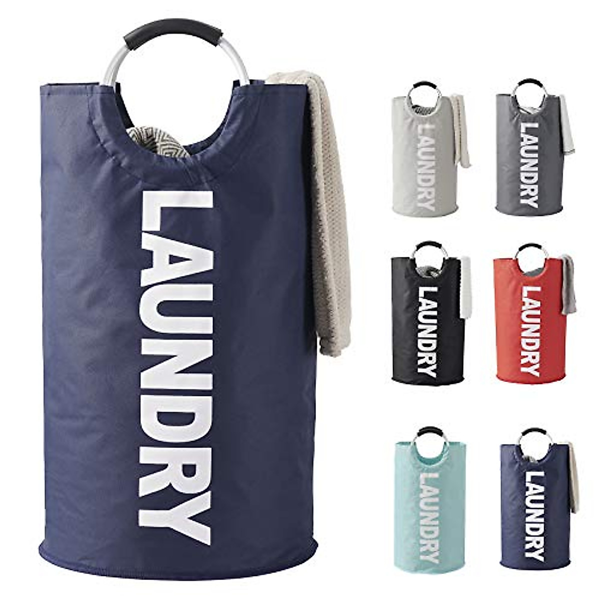 82L Large Thicken Laundry Basket Collapsible Fabric Laundry Hamper Foldable Heavy Duty Clothes Bag Portable Washing Bin Waterproof Cloth Hampers Storage with Durable Aluminum Handles (Dark Blue)