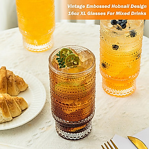 KEMORELA Elegant Highball Glassware Set - 16oz XL Glasses - Mixed Drinks, Iced Coffee, Beer, Juice, Water - Hobnail, Beaded Designs - Set of 4 | Stylish Collection for Any Occasion