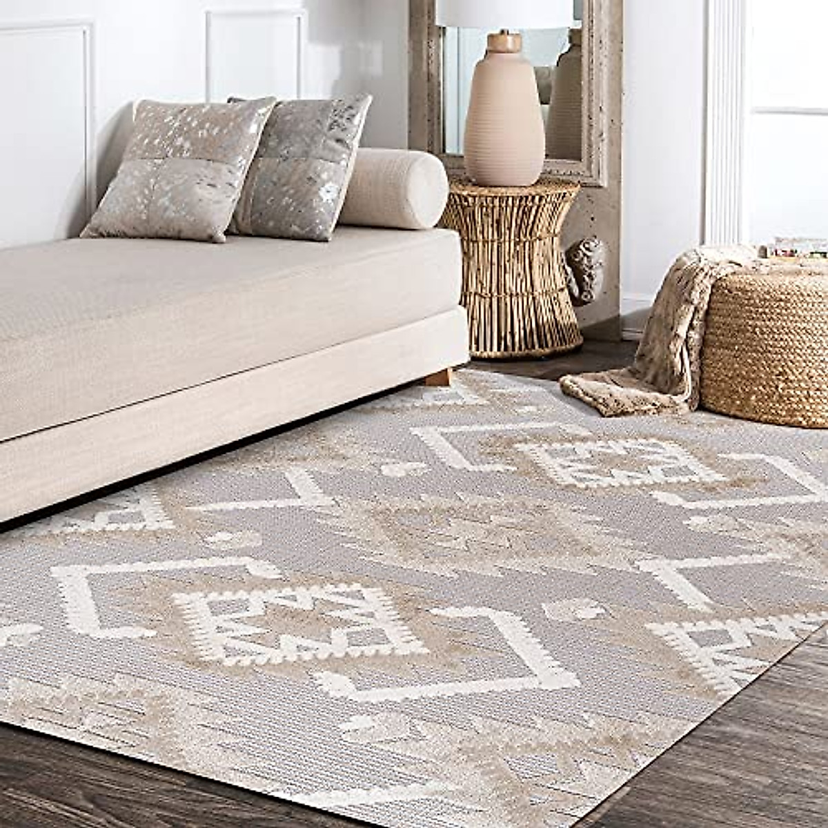 JONATHAN Y SBH107A-8 Sumak High-Low Pile Neutral Diamond Kilim Indoor Outdoor Area-Rug Bohemian Geometric Easy-Cleaning Bedroom Kitchen Backyard Patio Non Shedding, 8 ft x 10 ft, Beige/Gray