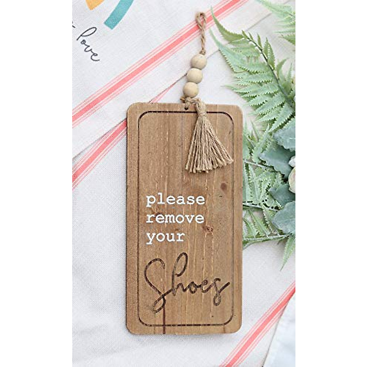 Parisloft Please Remove Your Shoes Wood Wall Plaque with Wooden Bead String Hanger,Cute and Rustic Country Style Home Accessory Gift Sign for Hallway, Entrance or Foyer