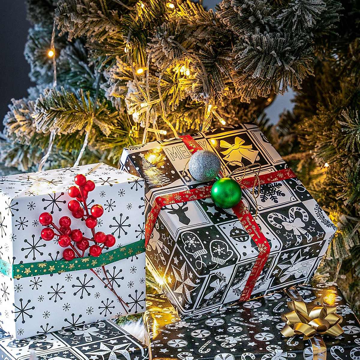 LeZakaa Christmas Wrapping Paper Mini Roll - Bell & Tree/Candy Canes/Snowflakes in Black & White for Gift Wrap, Arts Crafts - 17 x 120 inches - 3 Rolls (42.5 sq.ft.ttl.)